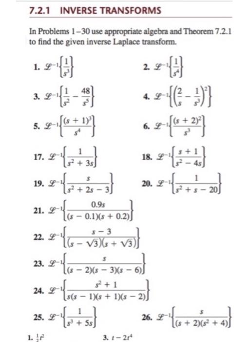Solved 7.2.1 INVERSE TRANSFORMS In Problems 1-30 use | Chegg.com