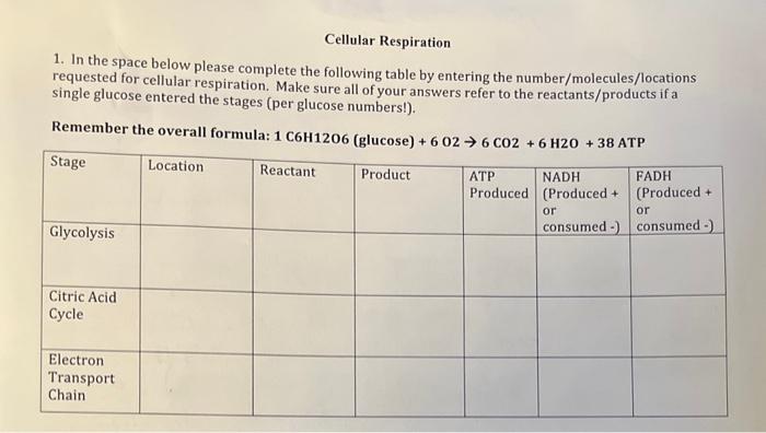 Solved Cellular Respiration 1. In the space below please | Chegg.com