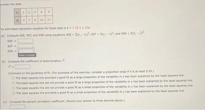 Solved onsider the data. The estimated regression equation | Chegg.com