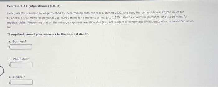 Exercise 9-12 (Algorithmic) (LO. 2) Lara uses the | Chegg.com