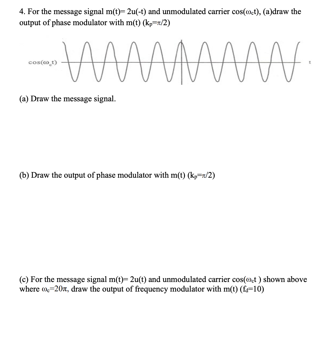 Solved For the message signal m(t)=2u(-t) ﻿and unmodulated | Chegg.com