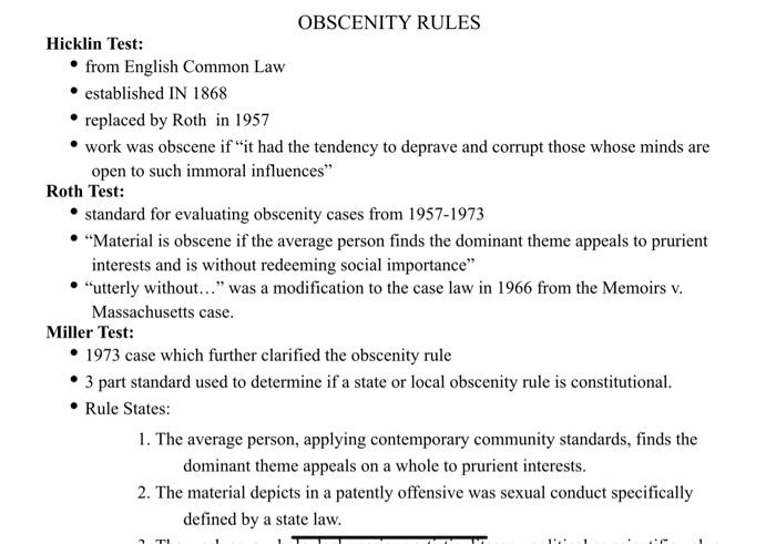 OBSCENITY RULES Hicklin Test: from English Common Law | Chegg.com