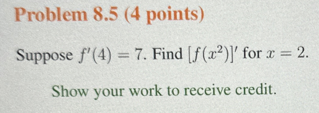 Solved Problem 8.5 (4 ﻿points)Suppose f'(4)=7. ﻿Find | Chegg.com