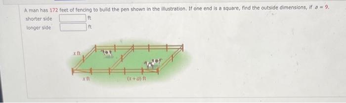 Solved A man has 172 feet of fencing to build the pen shown | Chegg.com