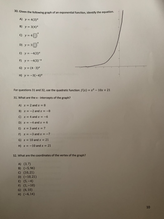 Solved 30. Given the following graph of an exponential | Chegg.com