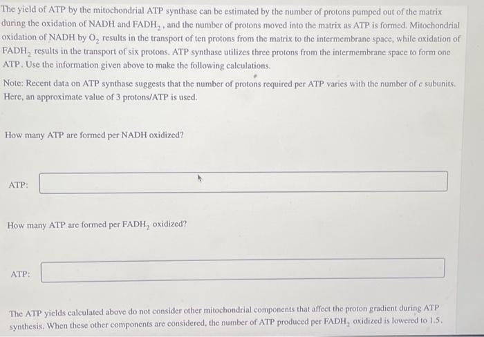 Solved The yield of ATP by the mitochondrial ATP synthase | Chegg.com