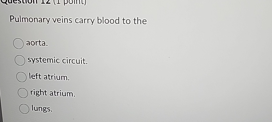 Solved Pulmonary veins carry blood to theaorta.systemic | Chegg.com