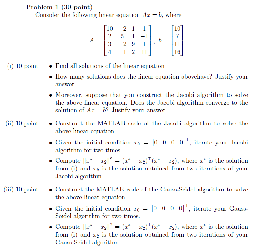 Solved Problem 1 (30 ﻿point)Consider the following linear | Chegg.com