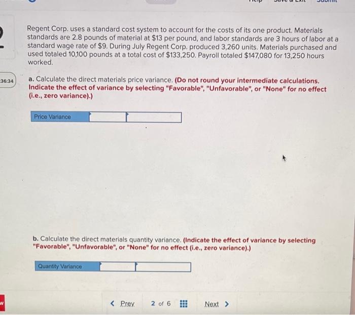 Solved Regent Corp. uses a standard cost system to account | Chegg.com