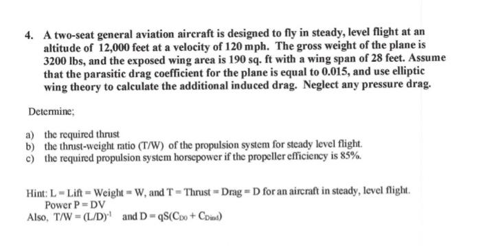 Solved 4. A two-seat general aviation aircraft is designed | Chegg.com