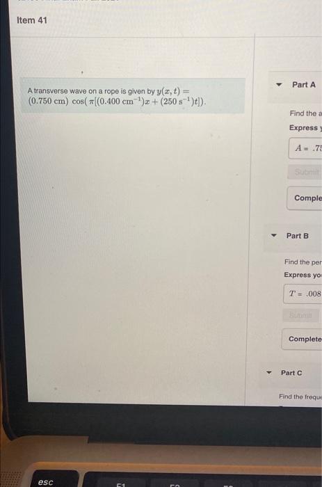 Solved Item 41 Part A A transverse wave on a rope is given | Chegg.com