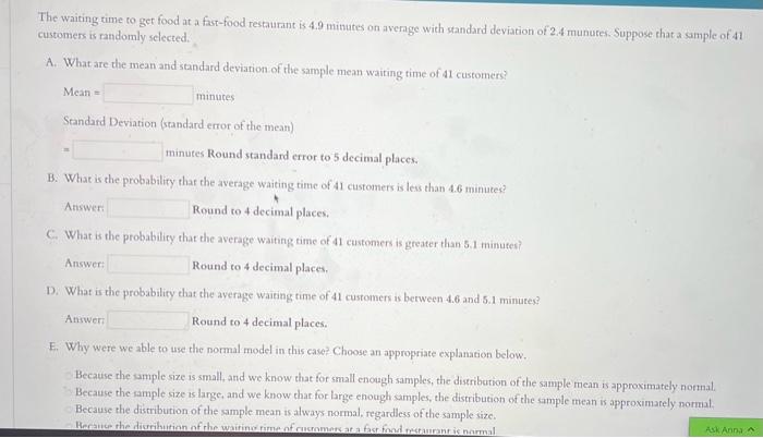 Solved The waiting time to get food at a fast-food | Chegg.com