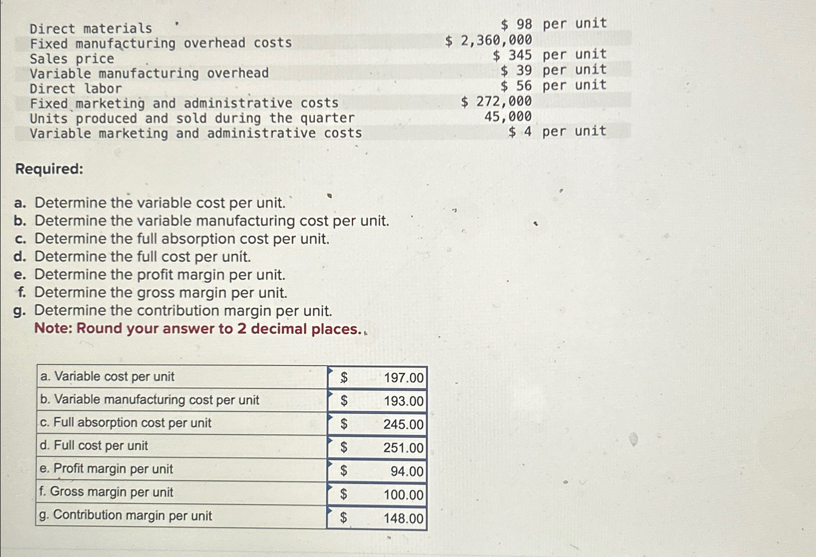 Solved \table[[Direct materials,$98 ﻿per unit],[Fixed | Chegg.com