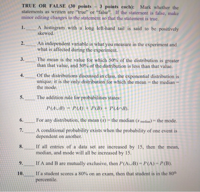 Solved 2. TRUE OR FALSE (30 points - 3 points each): Mark | Chegg.com