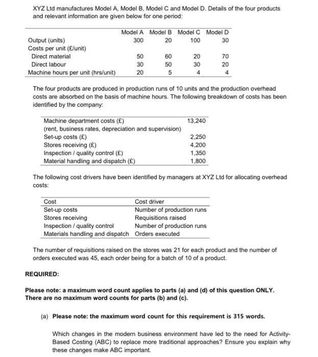 Solved 20 XYZ Ltd manufactures Model A, Model B, Model C and | Chegg.com