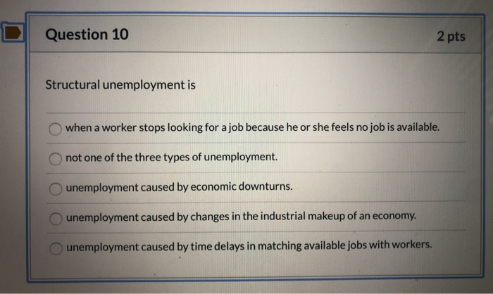 Solved Question 10 2 pts Structural unemployment is when a | Chegg.com