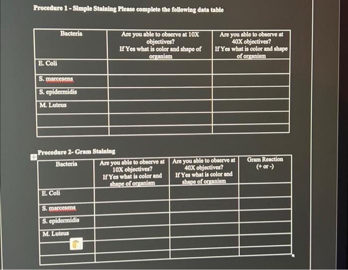 Solved Procedure 1 - Simple Staining Please complete the | Chegg.com