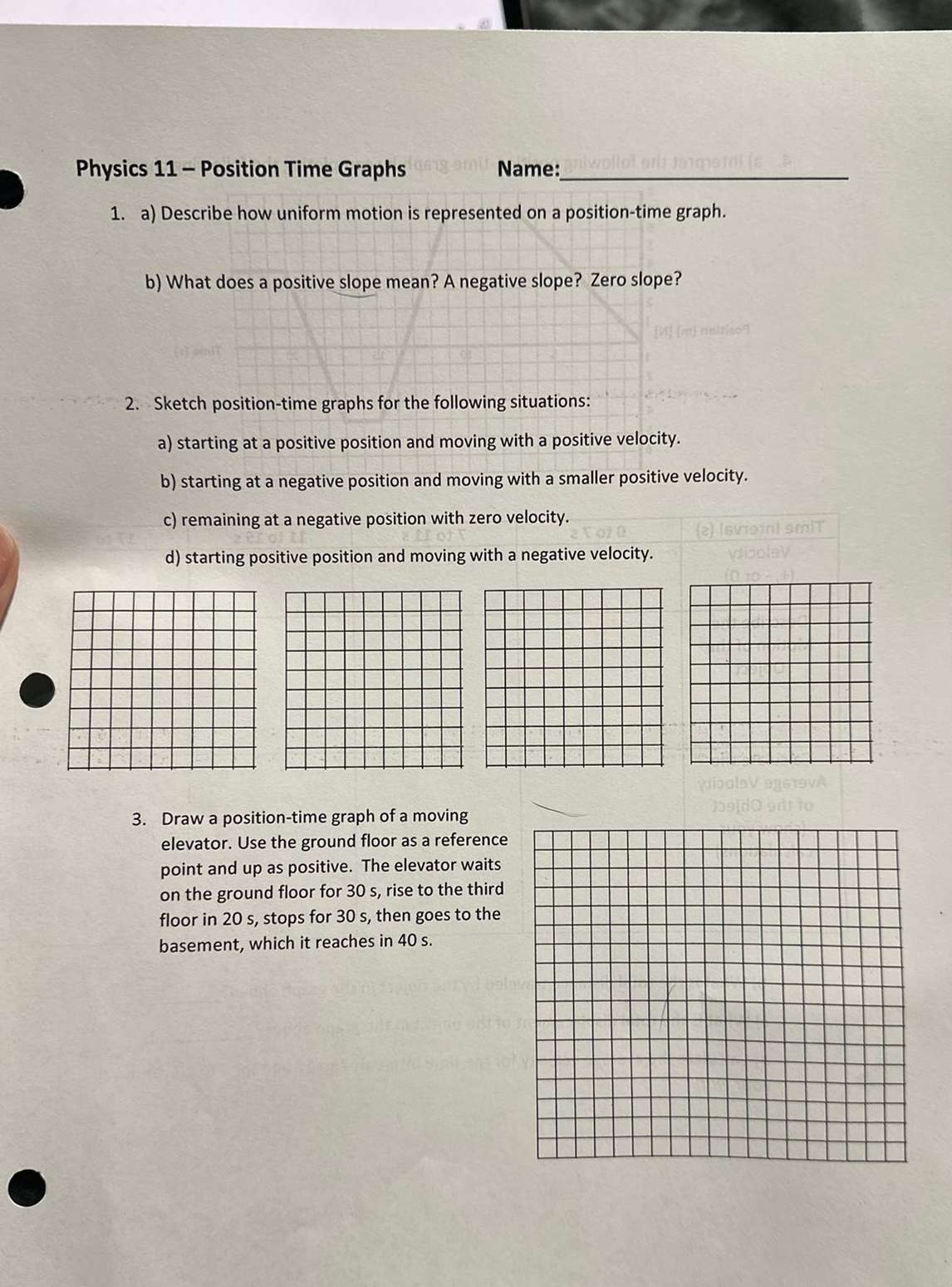 Solved Physics 11 - ﻿Position Time GraphsNamea) ﻿Describe | Chegg.com