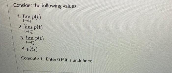 Solved Consider the following values. 1. limt→t4p(t) 2. | Chegg.com
