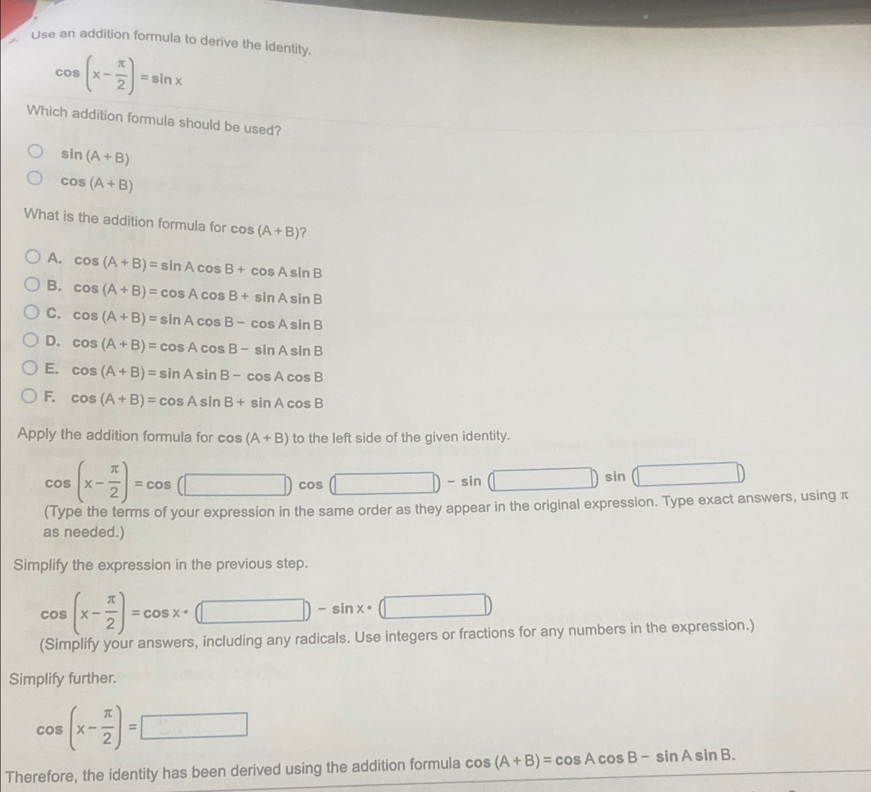Solved Use an addition formula to derive the | Chegg.com