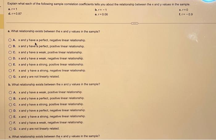 Solved Explain what each of the following sample correlation | Chegg.com