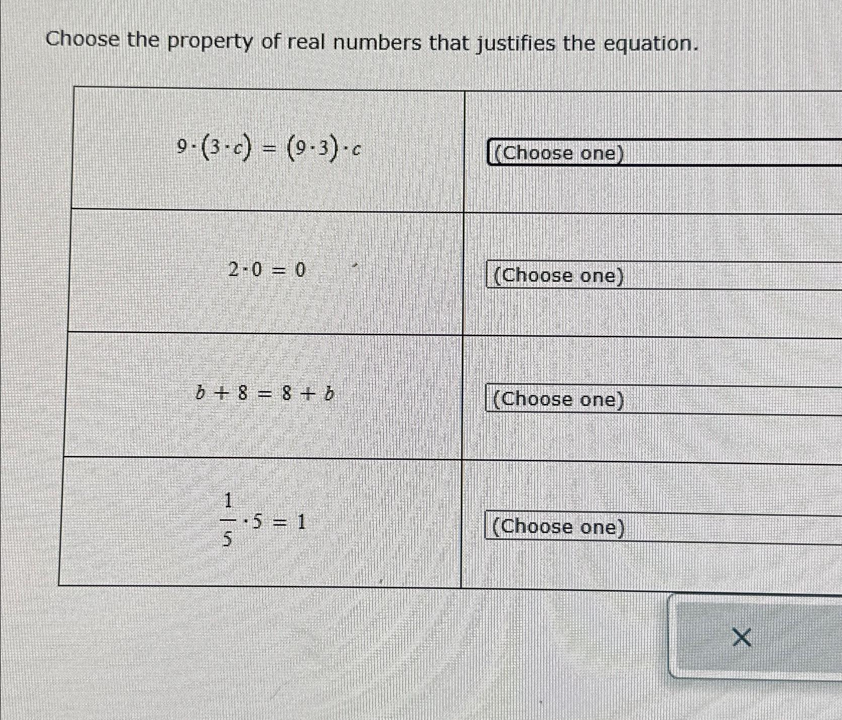 Solved Choose the property of real numbers that justifies | Chegg.com