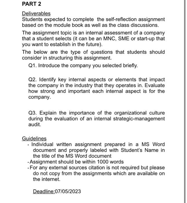Solved PART 2 Deliverables Students expected to complete the | Chegg.com
