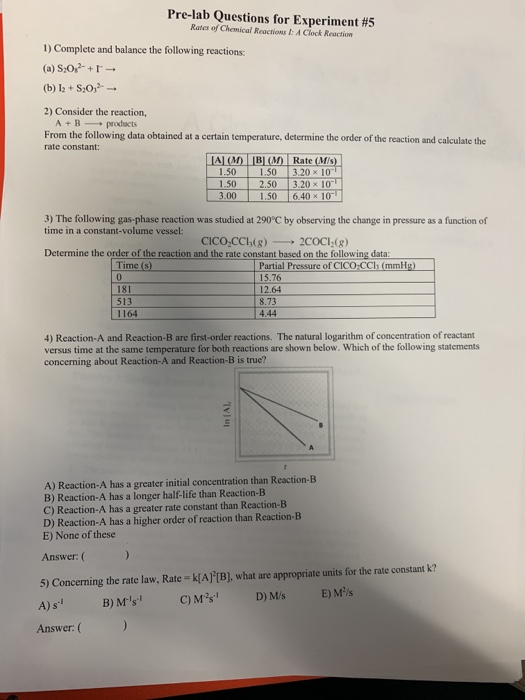 Solved Pre-lab Questions for Experiment #5 Rates of Chemical | Chegg.com