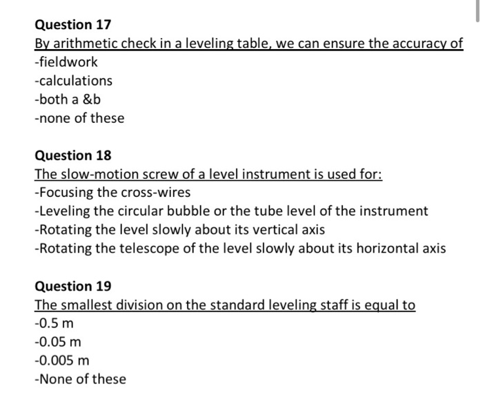 Solved Question 17 By arithmetic check in a leveling table, | Chegg.com