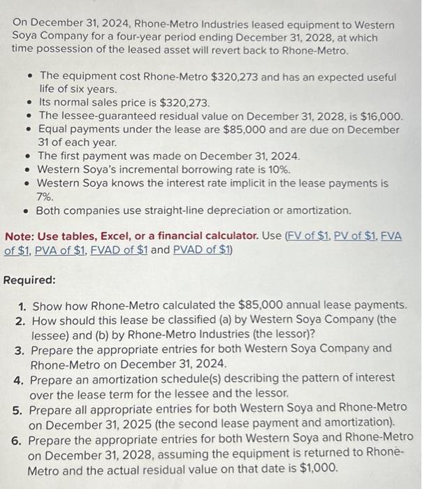 Solved On December 31, 2024, Rhone-Metro Industries leased | Chegg.com
