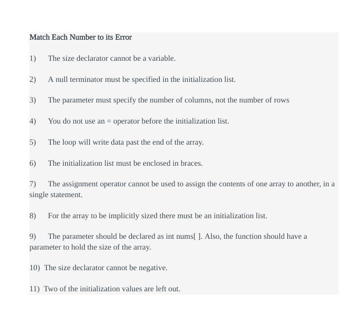 Solved Match Each Number to its Error 1) The size declarator | Chegg.com