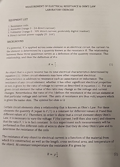 MEASUREMENT OF ELECTRICAL RESISTANCE & OHM'S | Chegg.com