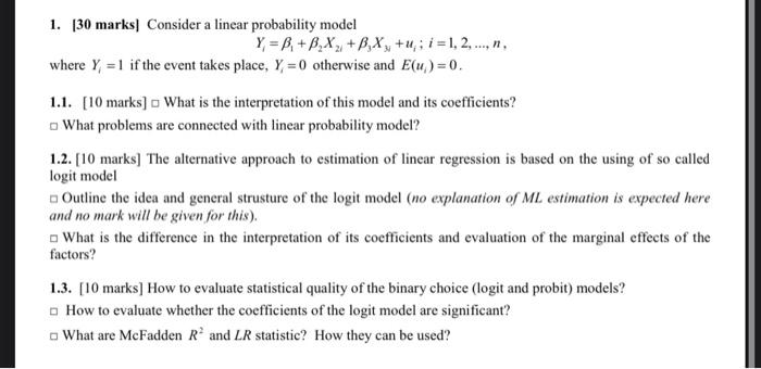 1. [30 marks] Consider a linear probability model Y = | Chegg.com