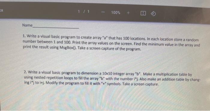 Solved 1 1 1 100% + Name 1. Write a visual basic program to | Chegg.com
