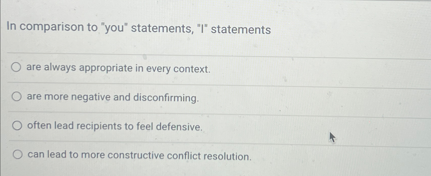 Solved In comparison to "you" statements, "I" statementsare | Chegg.com