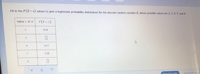 Solved Fill in the P(X = x) values to give a legitimate | Chegg.com