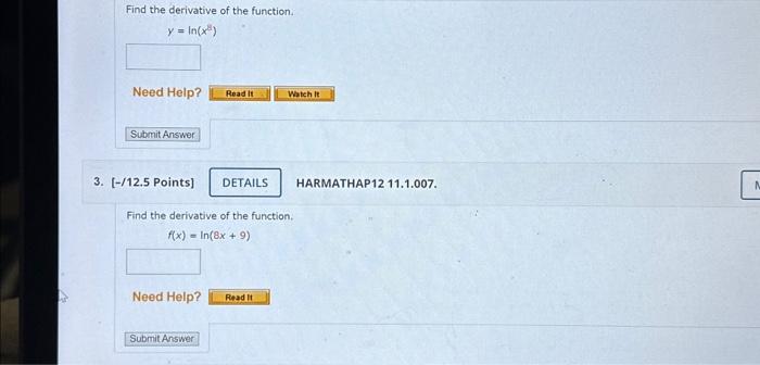 Solved Find the derivative of the function Y=In(x^8)Find | Chegg.com