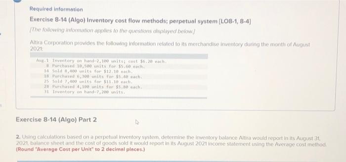 Solved Required information Exercise 8-14 (Algo) Inventory | Chegg.com