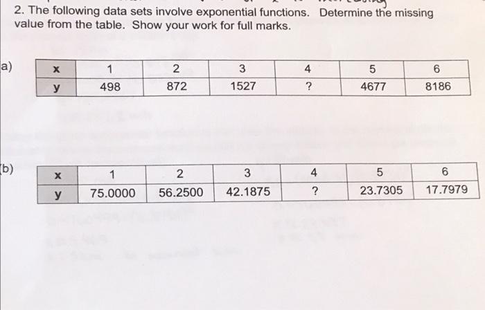 Solved 2. The following data sets involve exponential | Chegg.com