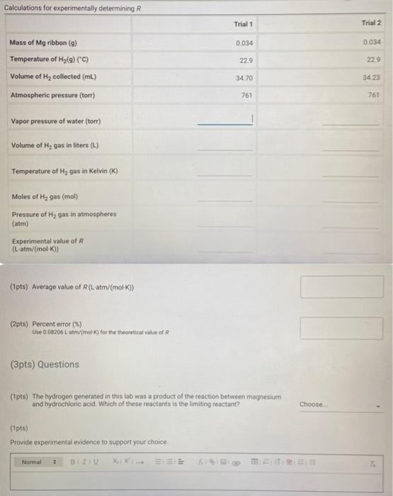 Calculations for experimentally determining R Trial 1 | Chegg.com