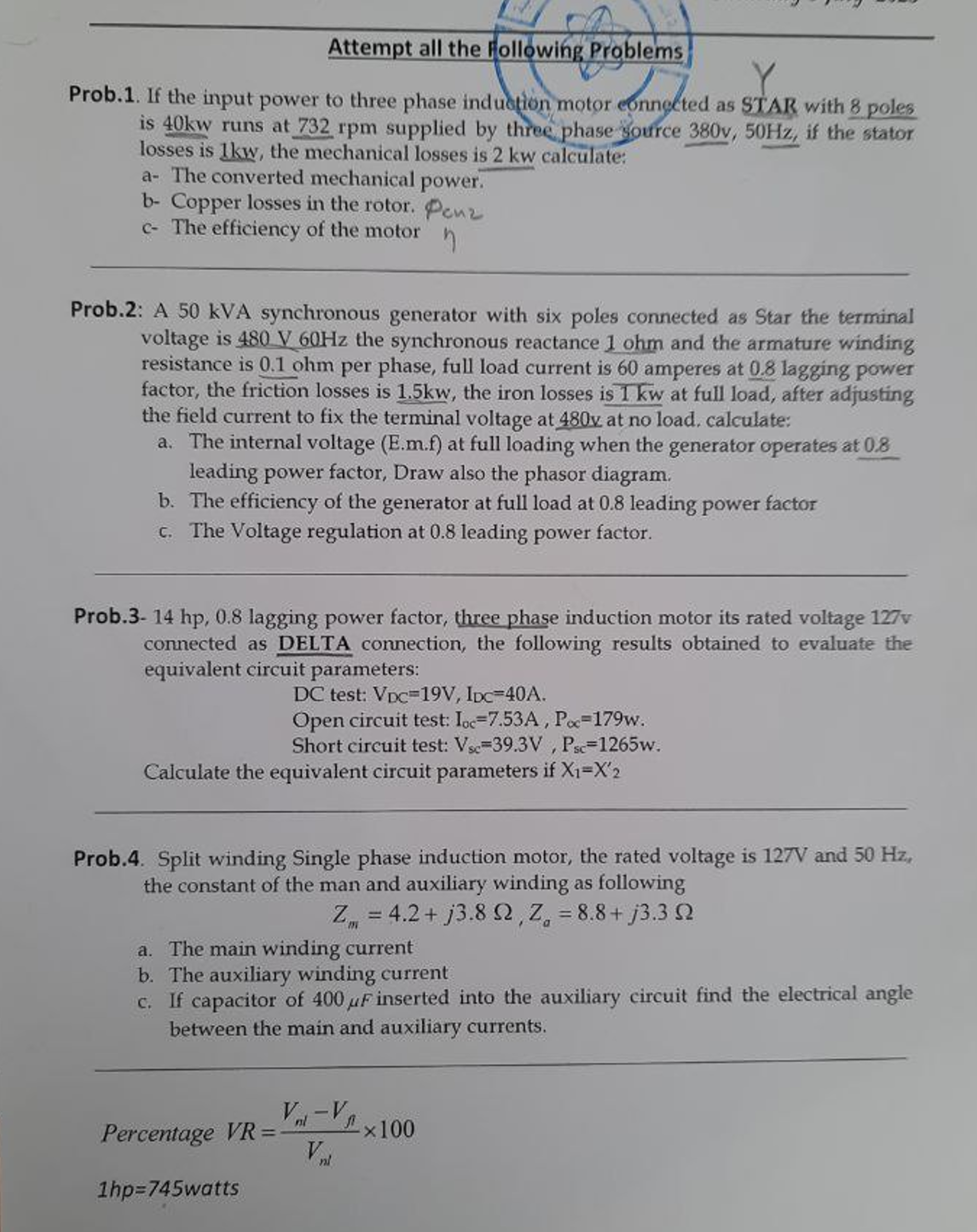 Solved Prob.1. ﻿If the input power to three phase induation | Chegg.com
