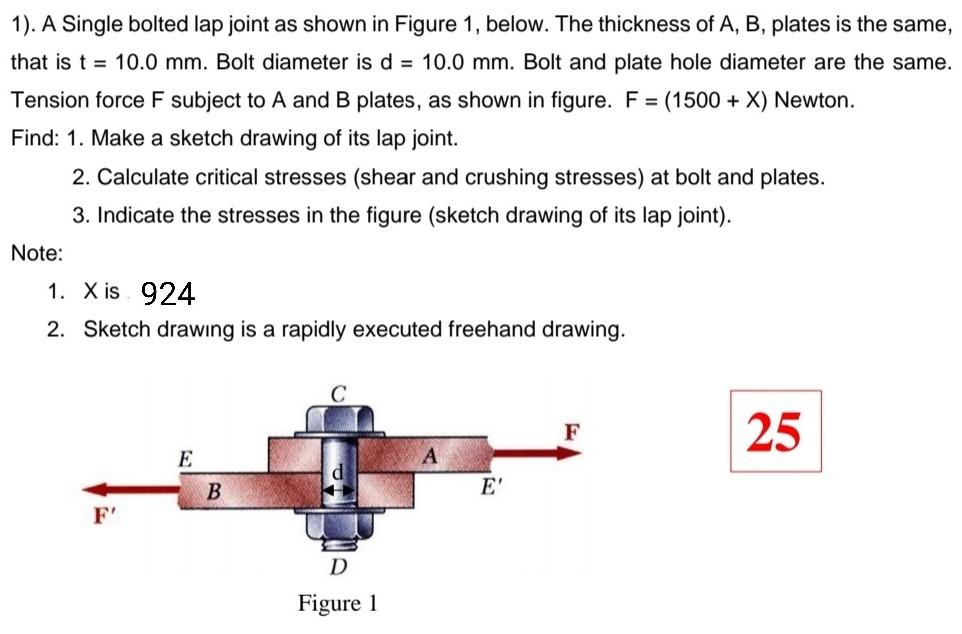 Solved 1). A Single bolted lap joint as shown in Figure 1, | Chegg.com