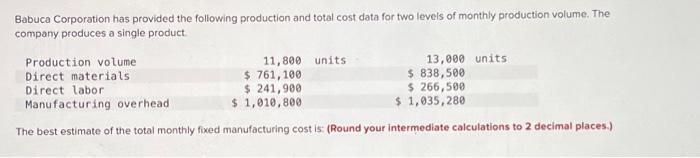 Solved Babuca Corporation has provided the following | Chegg.com
