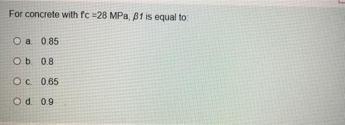 Solved For concrete with fc =28 MPa, B1 is equal to O a. | Chegg.com