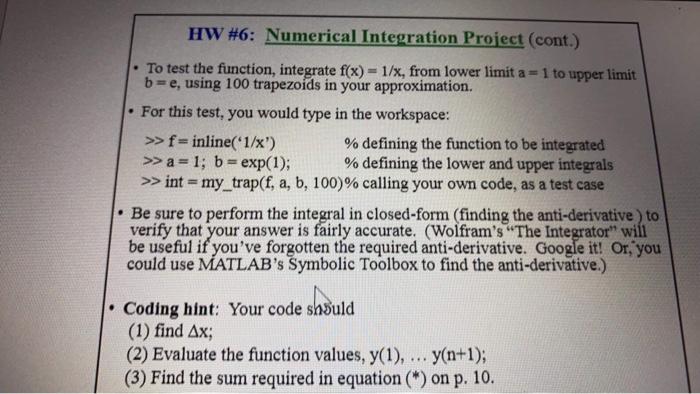 Solved HW #6: Numerical Integration Project • Write a MATLAB | Chegg.com