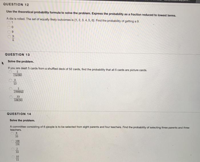Solved QUESTION 12 Use the theoretical probability formula | Chegg.com