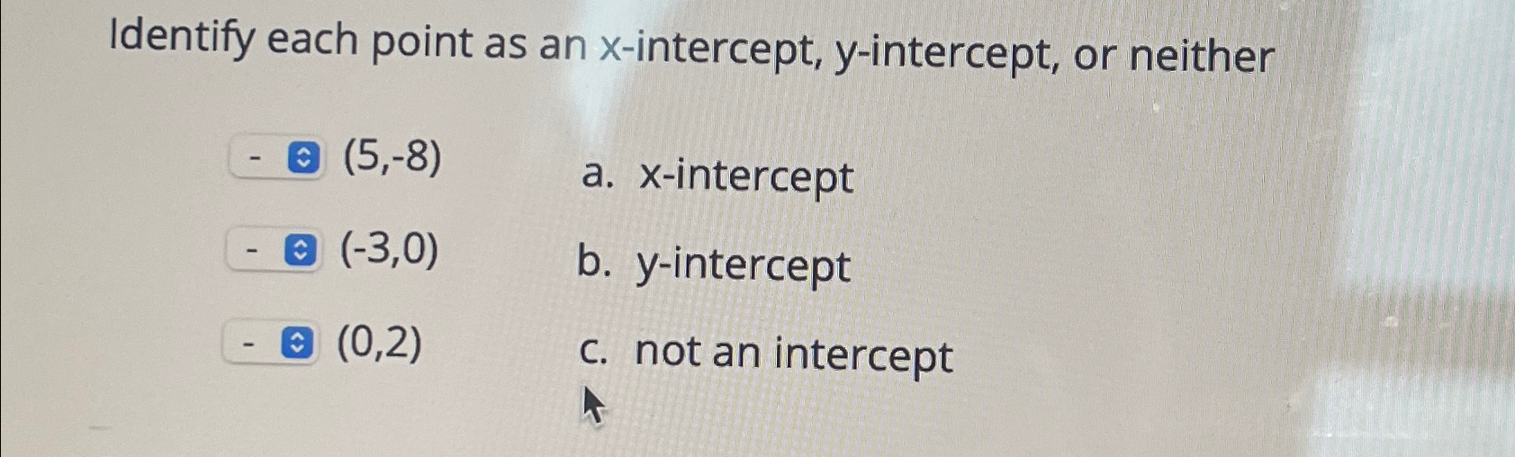 Solved Identify each point as an x-intercept, y-intercept, | Chegg.com