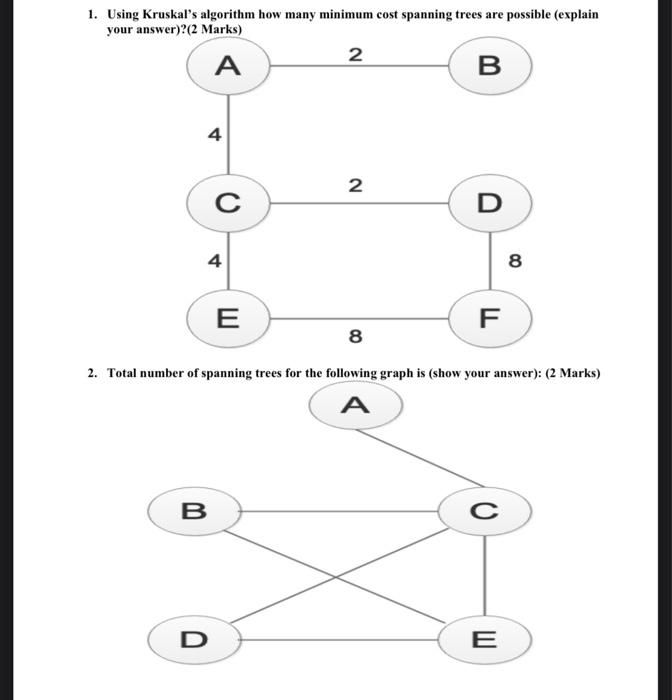 Solved 1. Using Kruskal's algorithm how many minimum cost | Chegg.com