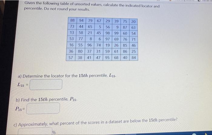 Solved Given the following table of unsorted values, | Chegg.com