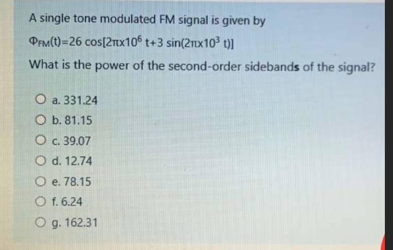 Solved A single tone modulated FM signal is given by | Chegg.com